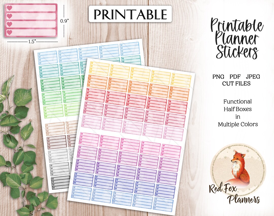 HALF BOX Watercolor Printable Planner Stickers, Heart Checklist Lines ...