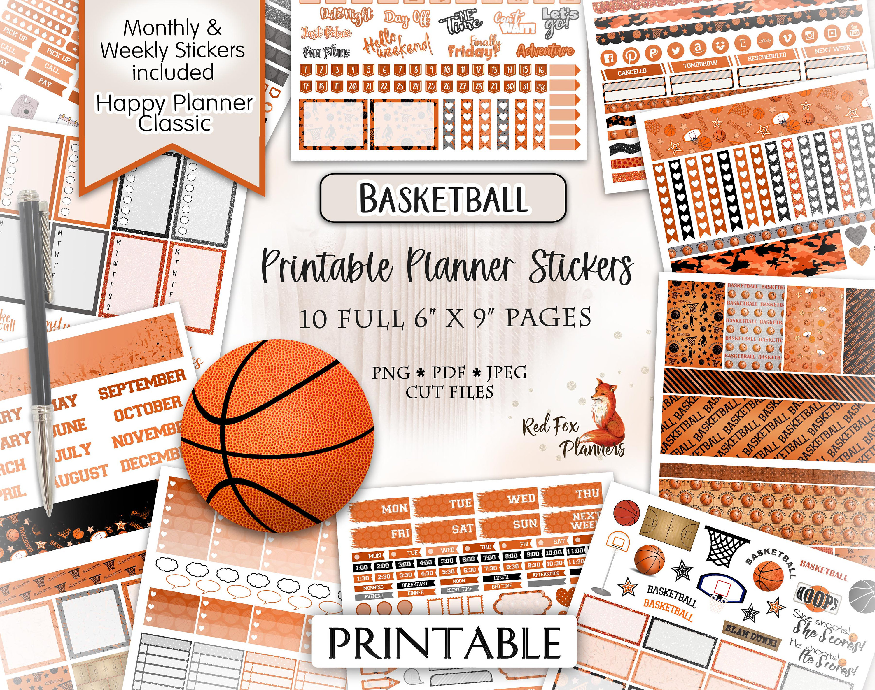BASKETBALL Happy Planner Printable Planner Sticker Kit, Hoops, Basket ...