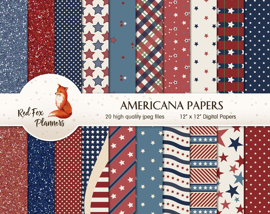 AMERICANA Digital Paper Pack, 20 Quantity, July 4th, Independence Day ...
