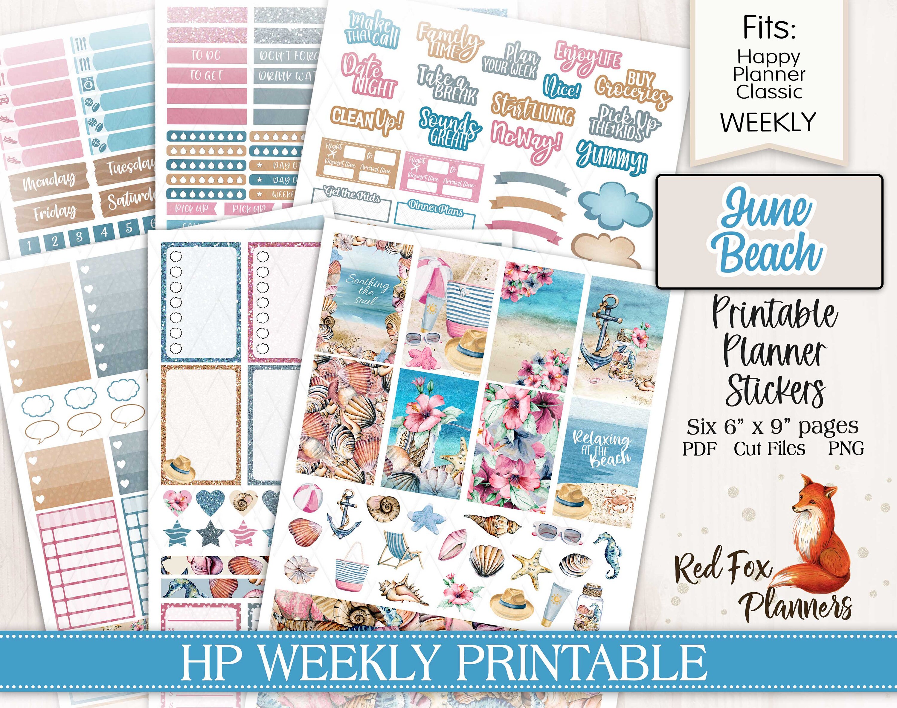 June Beach Happy Planner (HP) Weekly Printable Planner Stickers, Sand ...