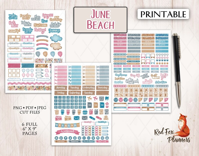 June Beach Happy Planner (HP) Weekly Printable Planner Stickers, Sand ...