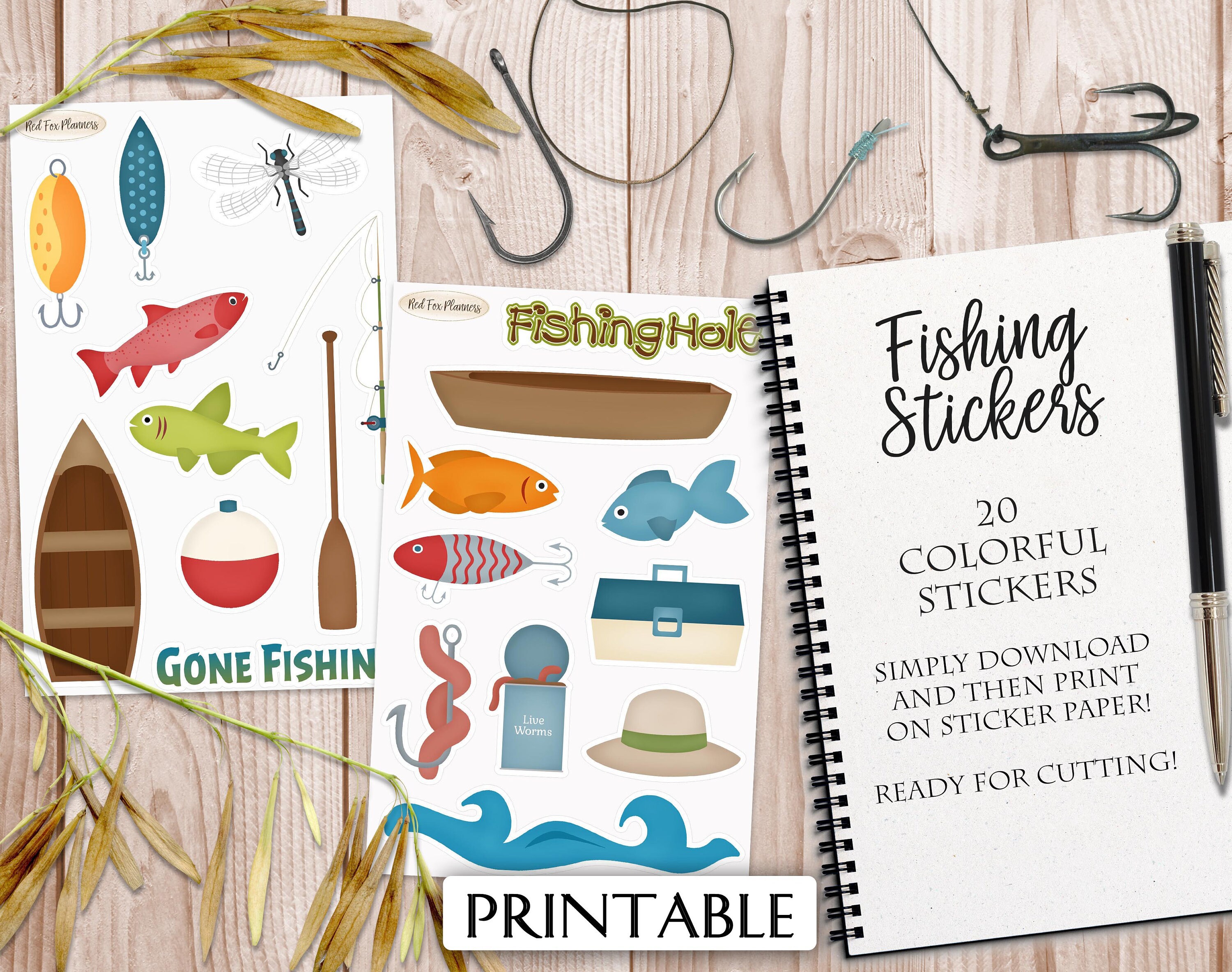FISHING Stickers 20 Digital Printable Stickers, Instant Download ...