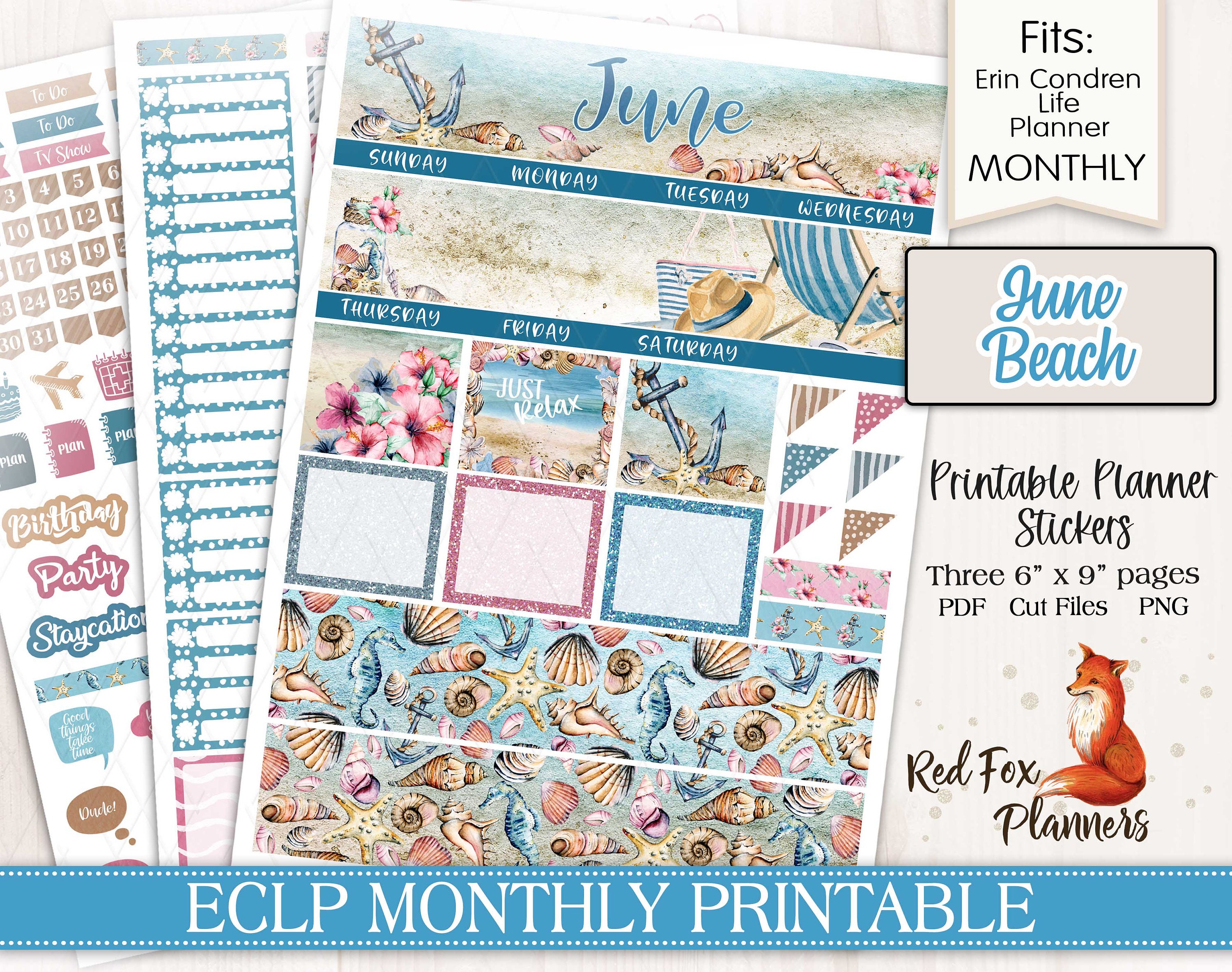 June Beach Erin Condren (ECLP) Monthly Printable Planner Stickers, Sand ...
