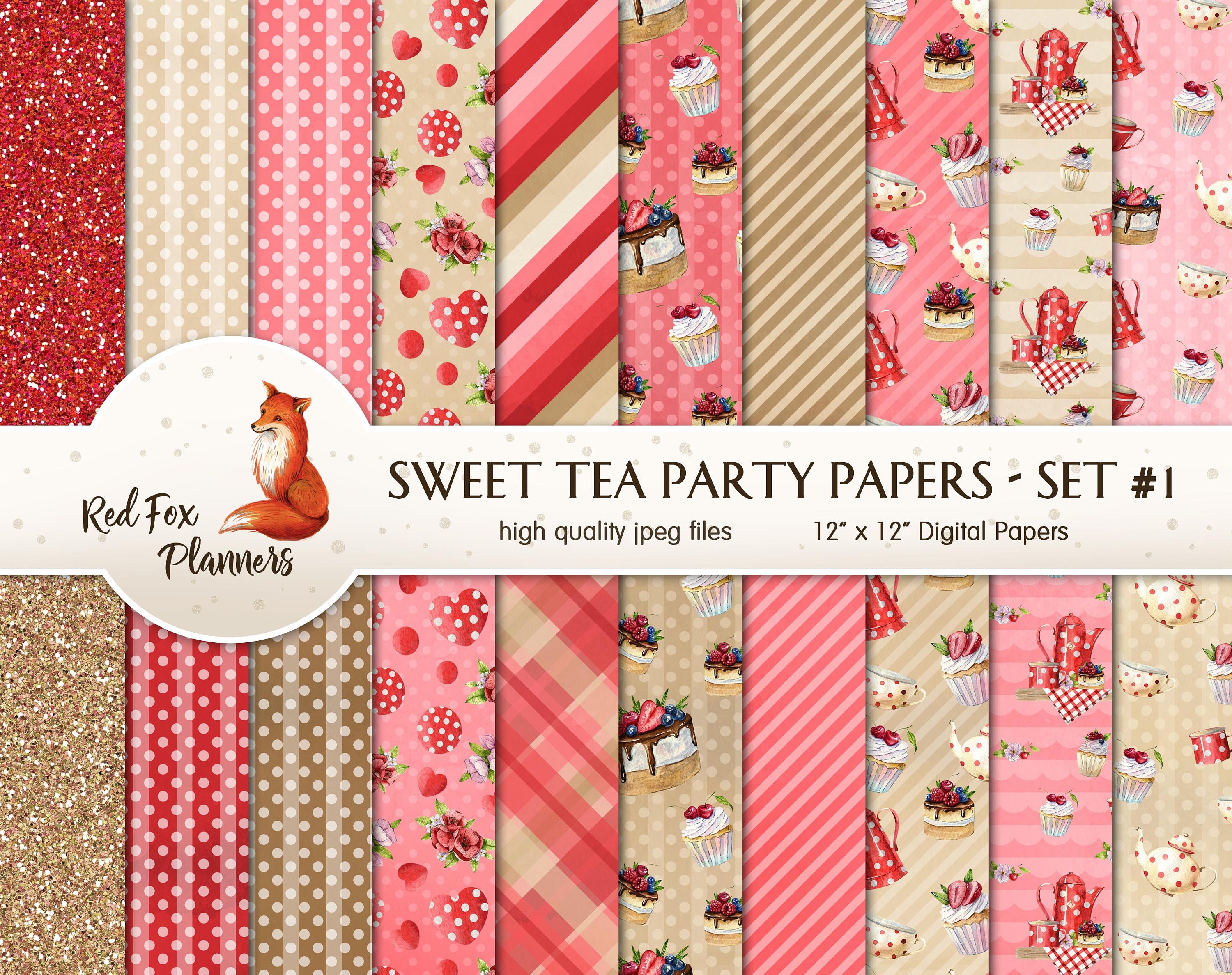 SWEET TEA PARTY Set #1 Digital Paper Pack, 20 Quantity, Valentine's Day ...