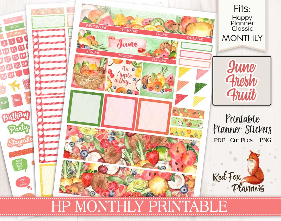 June Fresh Fruit Happy Planner (HP) Monthly Printable Planner Stickers ...