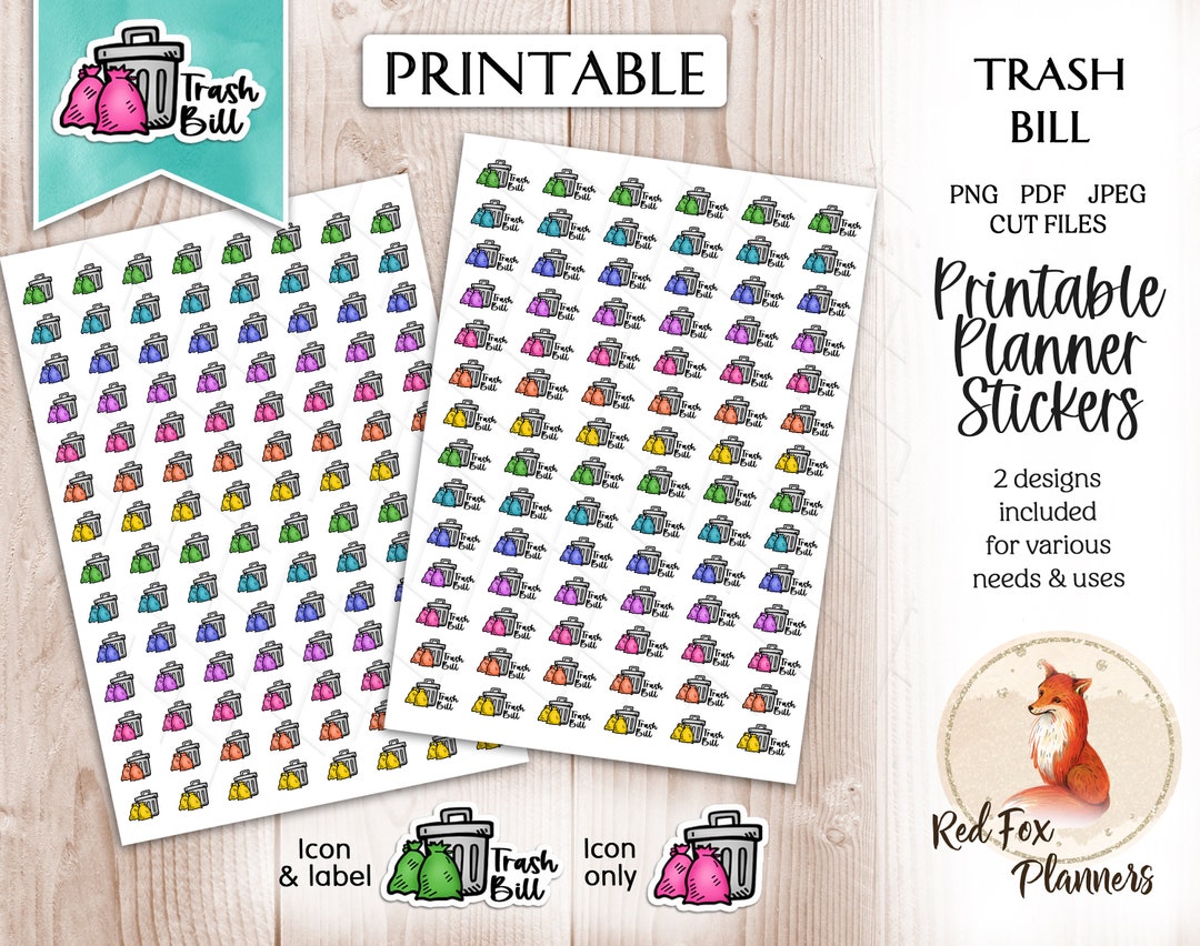 TRASH BILL Functional Digital Printable Stickers, Instant Download ...