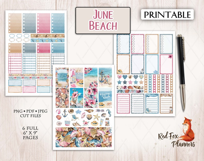 June Beach Happy Planner (HP) Weekly Printable Planner Stickers, Sand ...