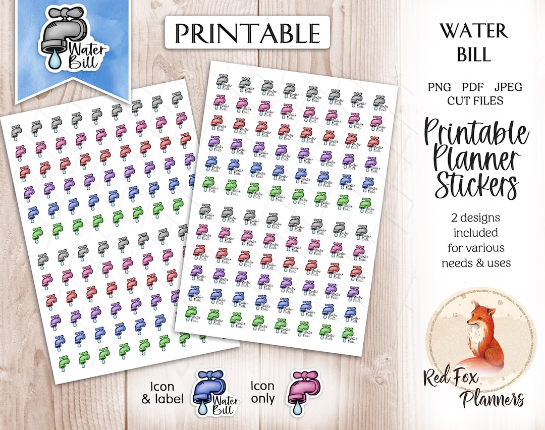 WATER BILL Functional Digital Printable Stickers, Instant Download ...
