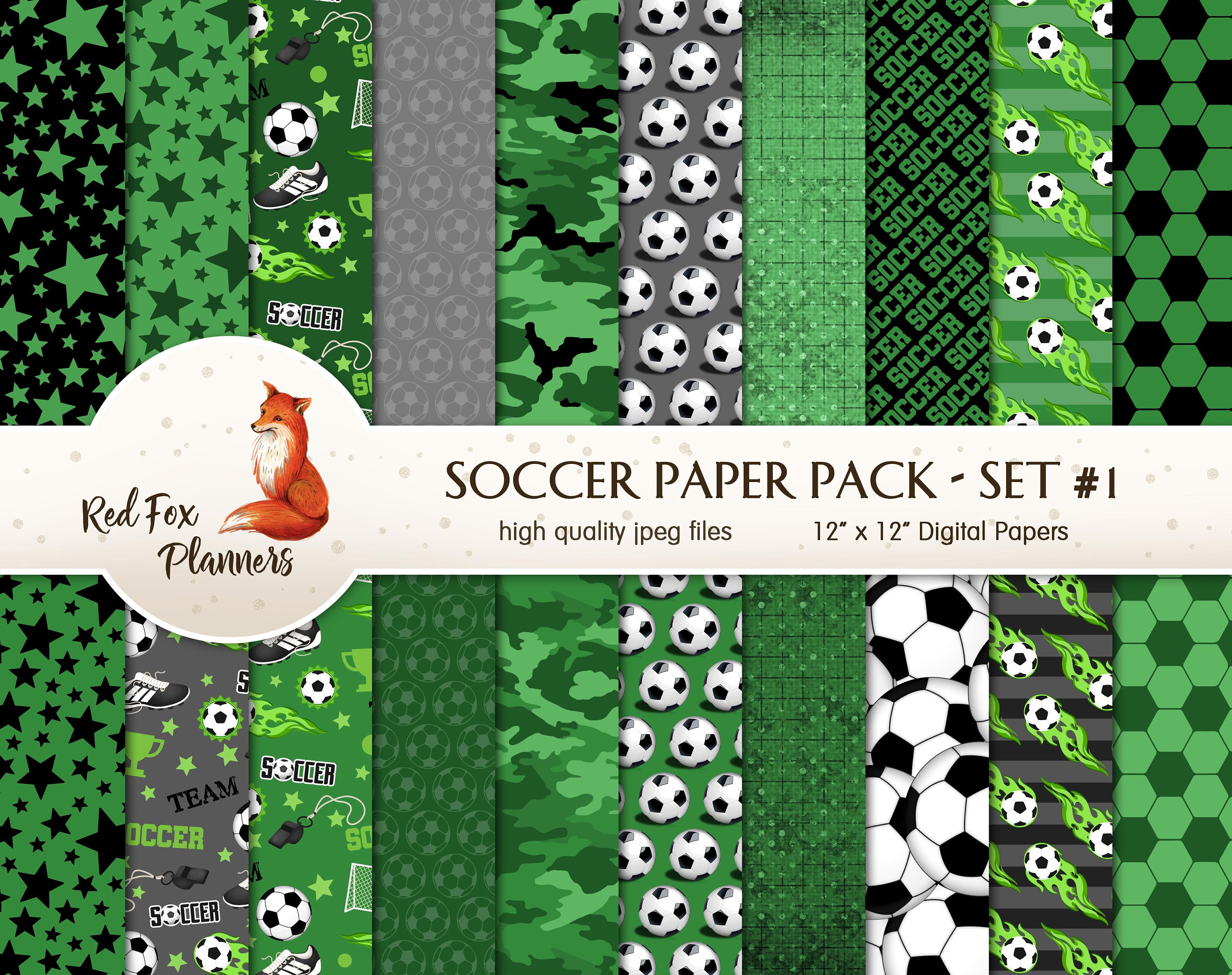 SOCCER Set #1 Digital Paper Pack, 20 Quantity, Grass Field, Ball ...