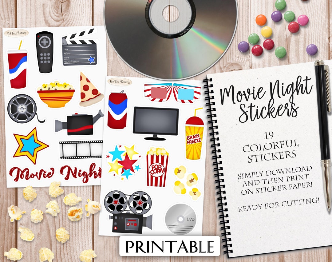 MOVIE NIGHT Stickers, 19 Digital Printable Stickers, Instant Download ...
