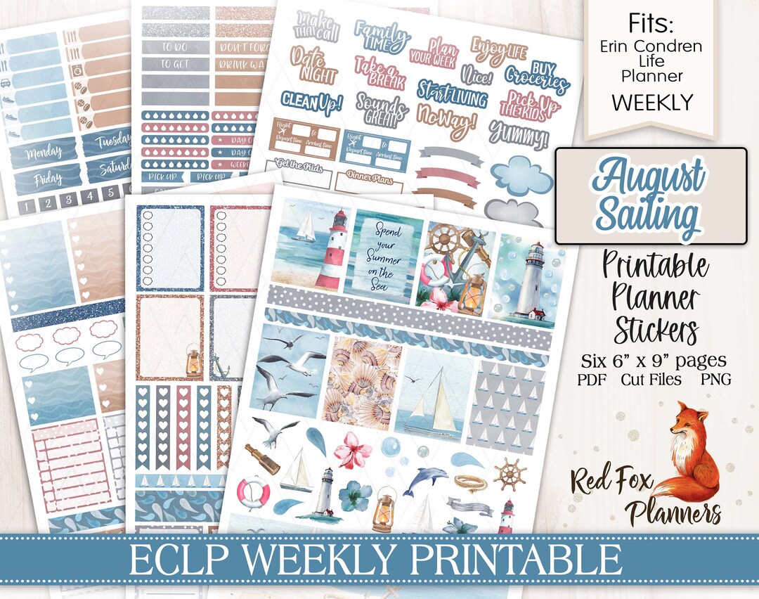 August Sailing Erin Condren (ECLP) Weekly Printable Planner Stickers ...