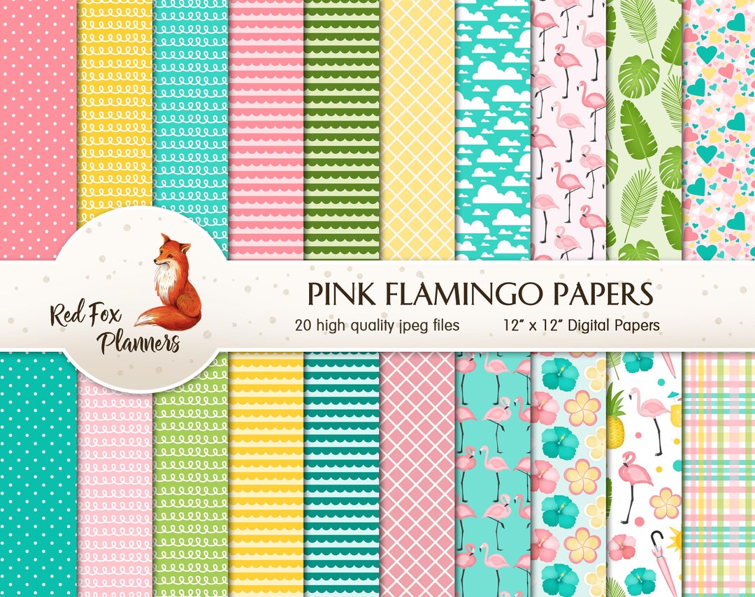 PINK FLAMINGO Digital Paper Pack, 20 Quantity, Tropical Birds, Coctails ...