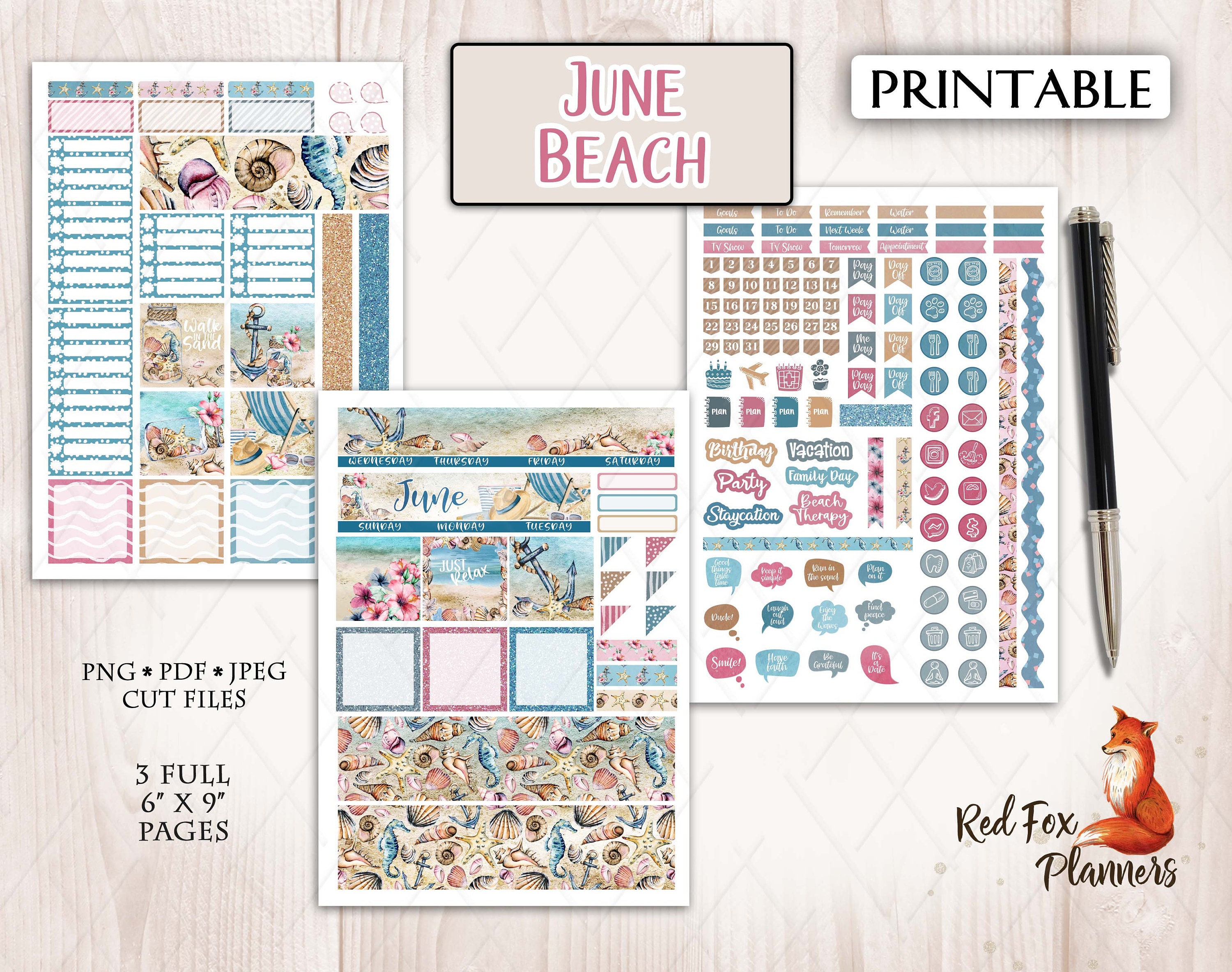 June Beach Happy Planner (HP) Monthly Printable Planner Stickers, Sand ...
