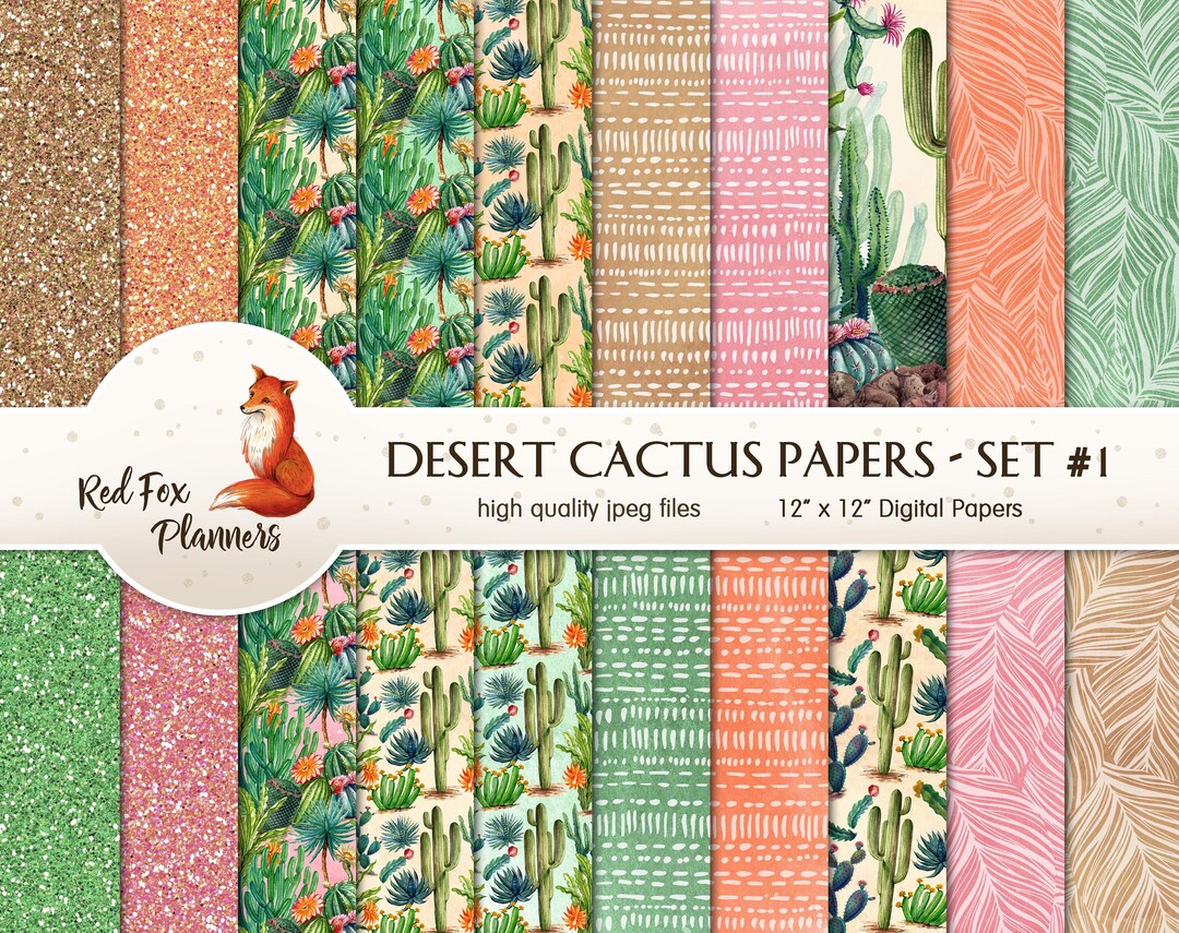 DESERT CACTUS Set #1 Digital Paper Pack, 20 Quantity, Saguaro, Golden ...