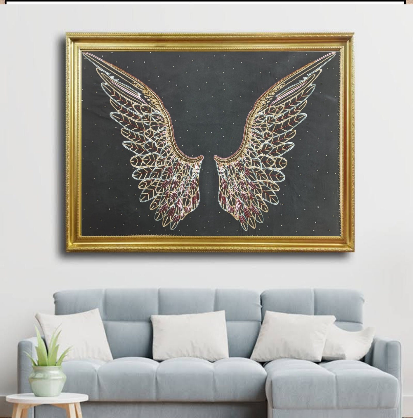 Handmade Angel Wings Theme Beaded Embroidery Tapestry Wall Hanging In Vintage Art Form Home