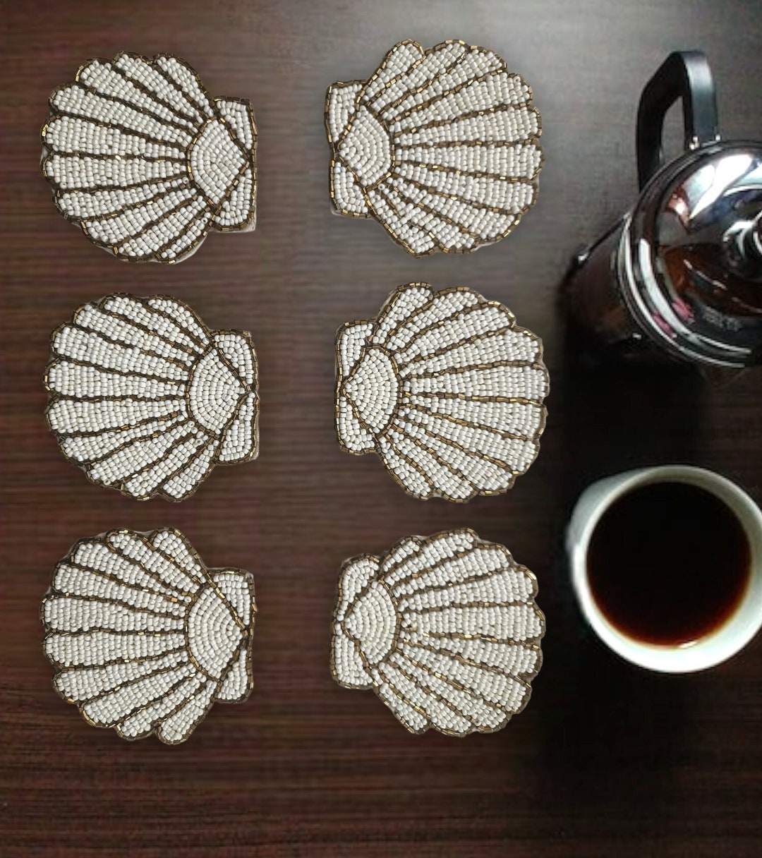 Handmade Natural White Clam Shells Shaped Beaded Tea Coasters Set of 4 ...