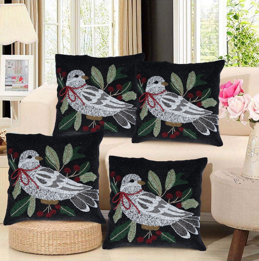 Pigeon Bird Applique Cushion Covers With Multi-colored Sequins and ...