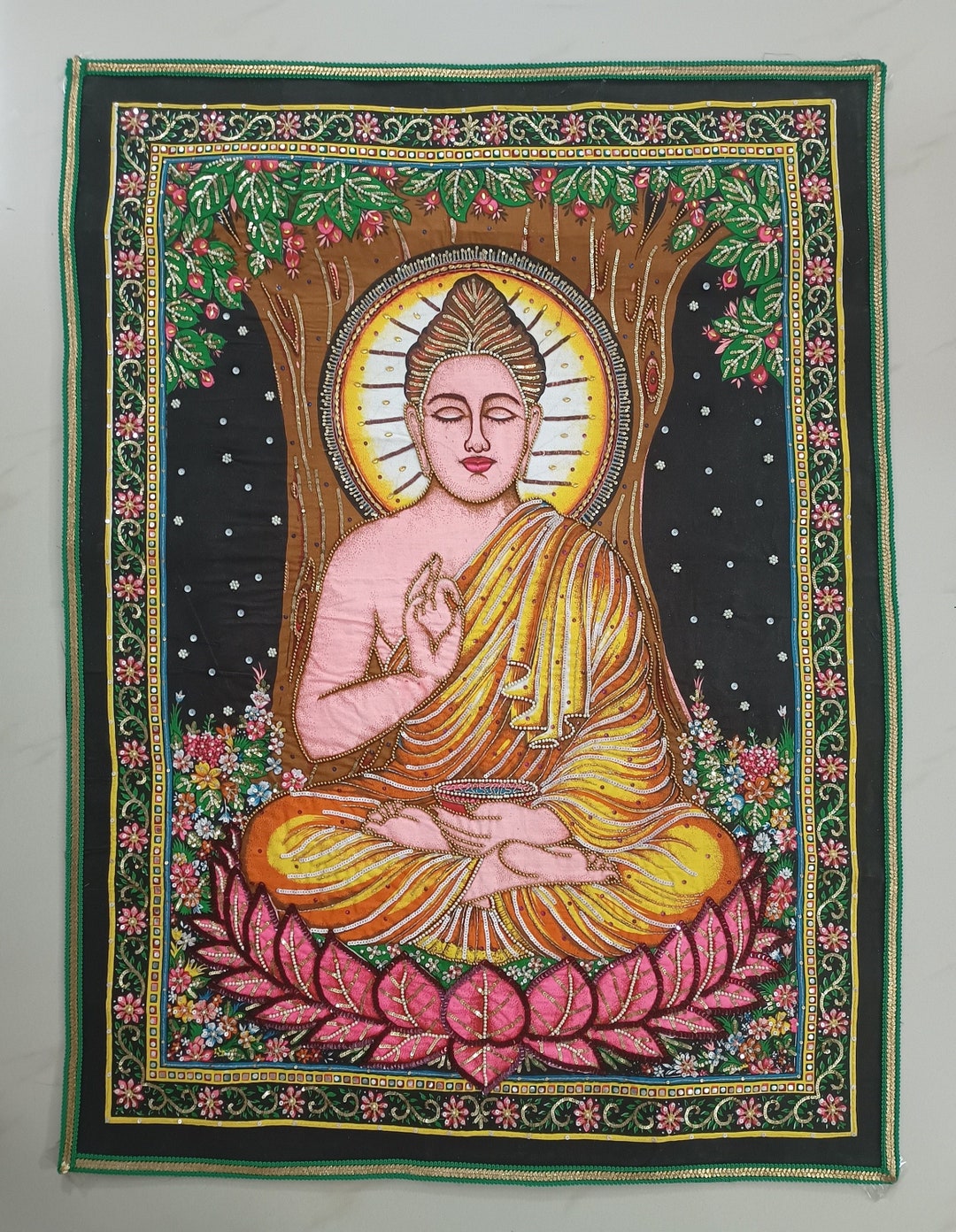 Handmade Lord Buddha Vintage Art Embroidered Tapestry, Beads Sequinned ...
