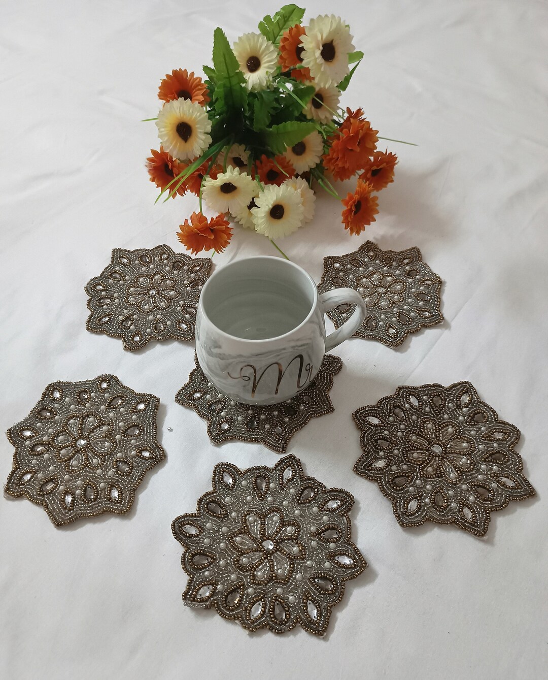 Handmade White and Silver Pearls Star Theme Beaded Coasters Set of 2, 4 ...