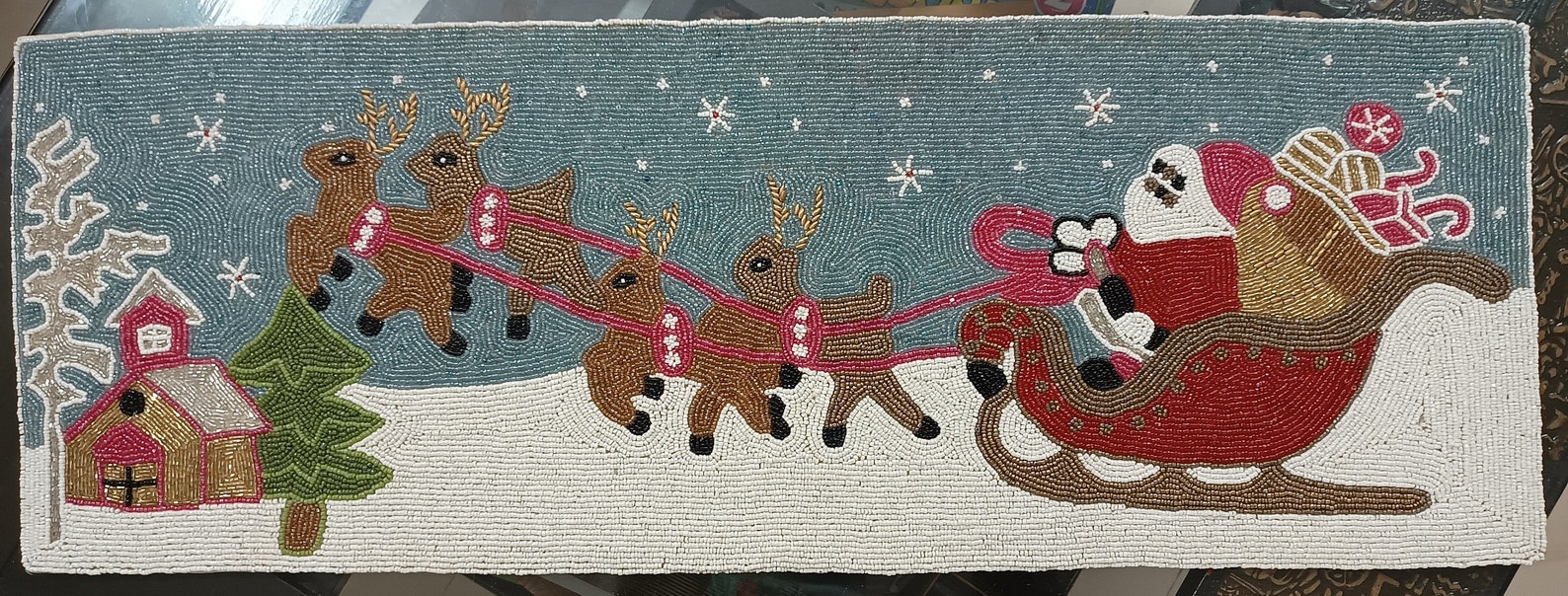 Handmade Christmas Table Runner Santa on Sleigh, Red and White Santa ...
