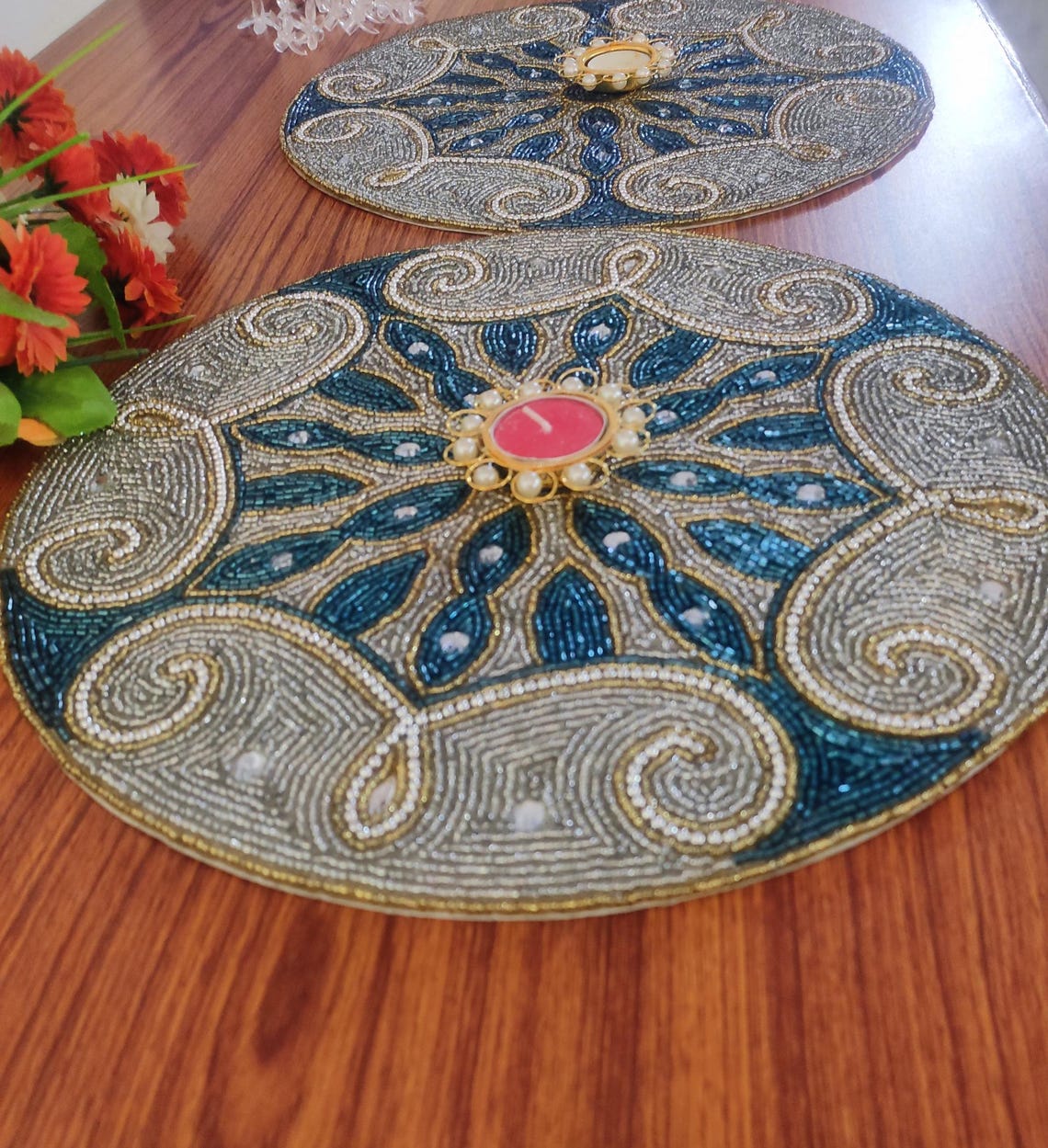 Handmade Golden Blue Paisley Pattern Beaded Table Placemats, Diner ...