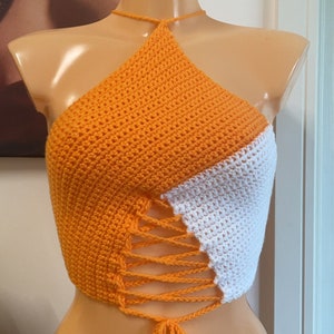 Two Toned Crochet Lace up Crop Top - Etsy