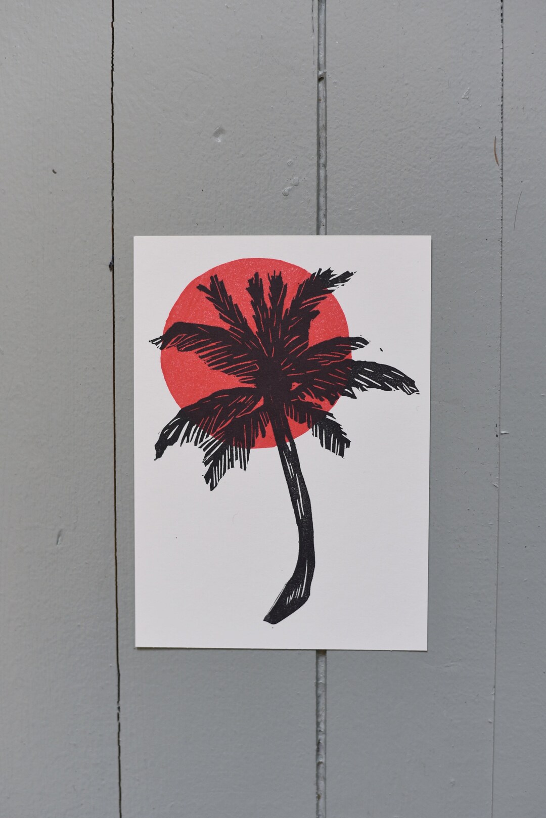 Palm Tree With Red Sun: Linoleum Post Card Print - Etsy