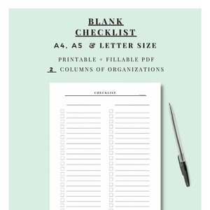 Two Column Blank Checklist. Printable + Fillable PDF. A4, A5 & Letter ...