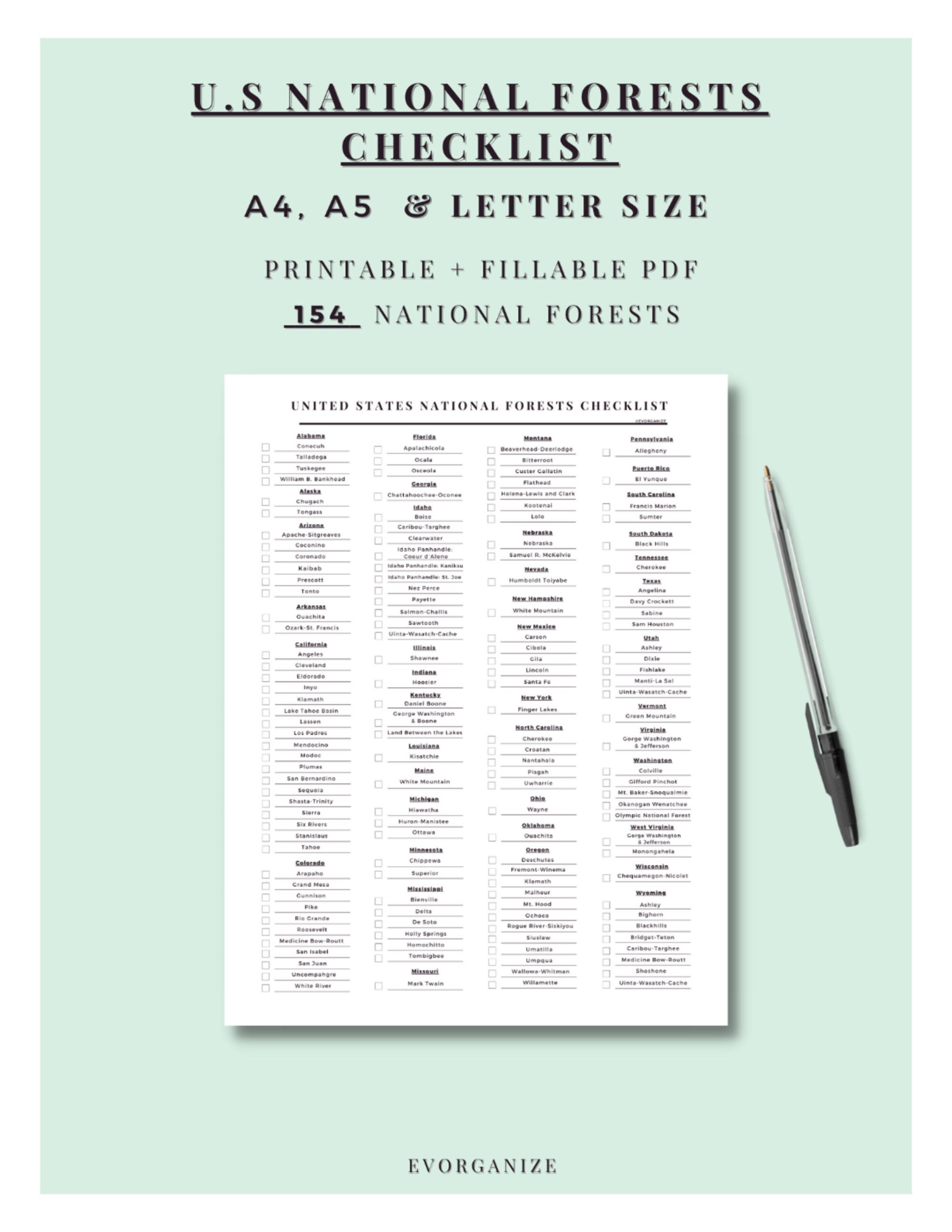 U.S National Forests Checklist. Printable + Fillable PDF. A4, A5 ...