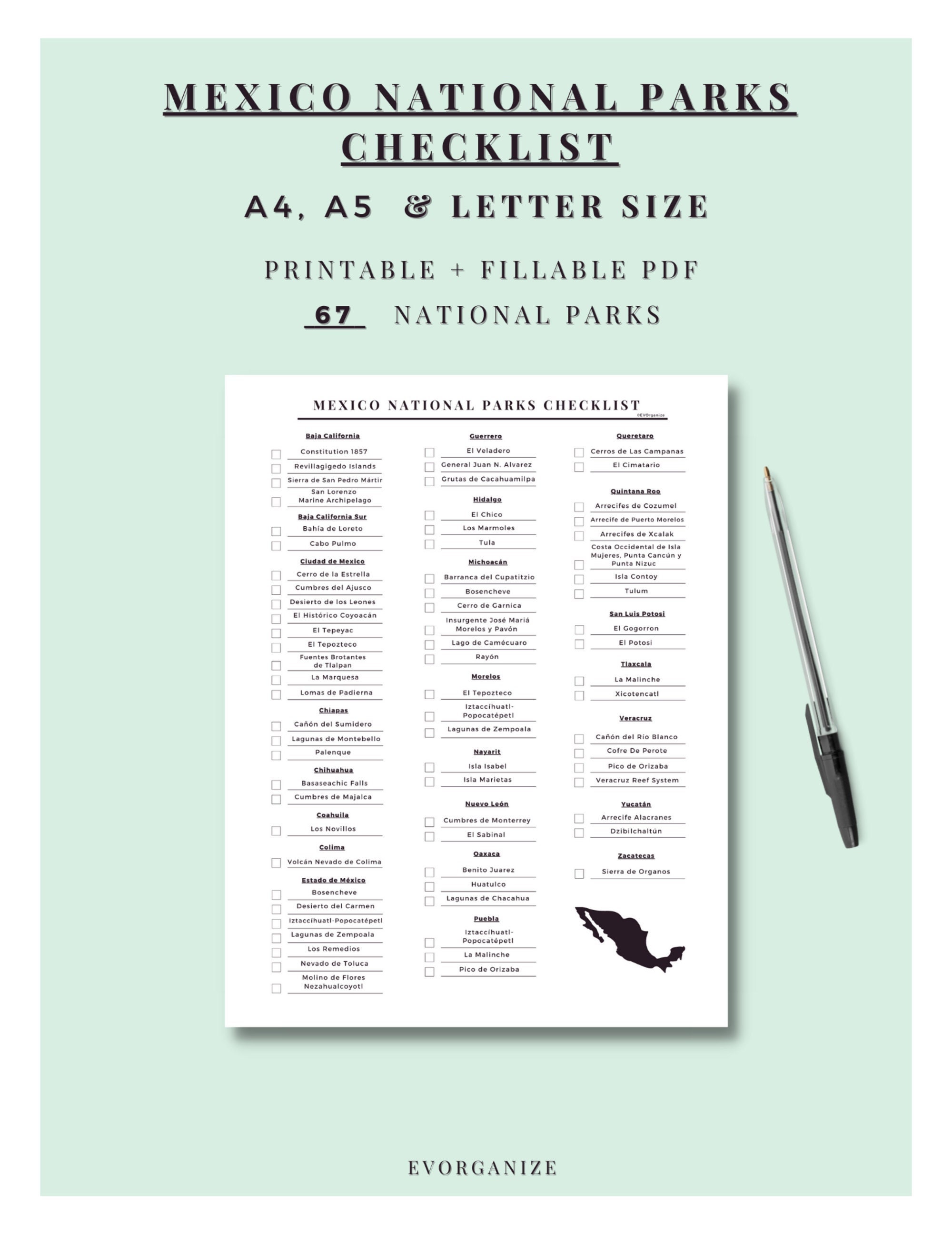 Mexico National Parks Checklist. Editable PDF + Printable. A4, A5 ...