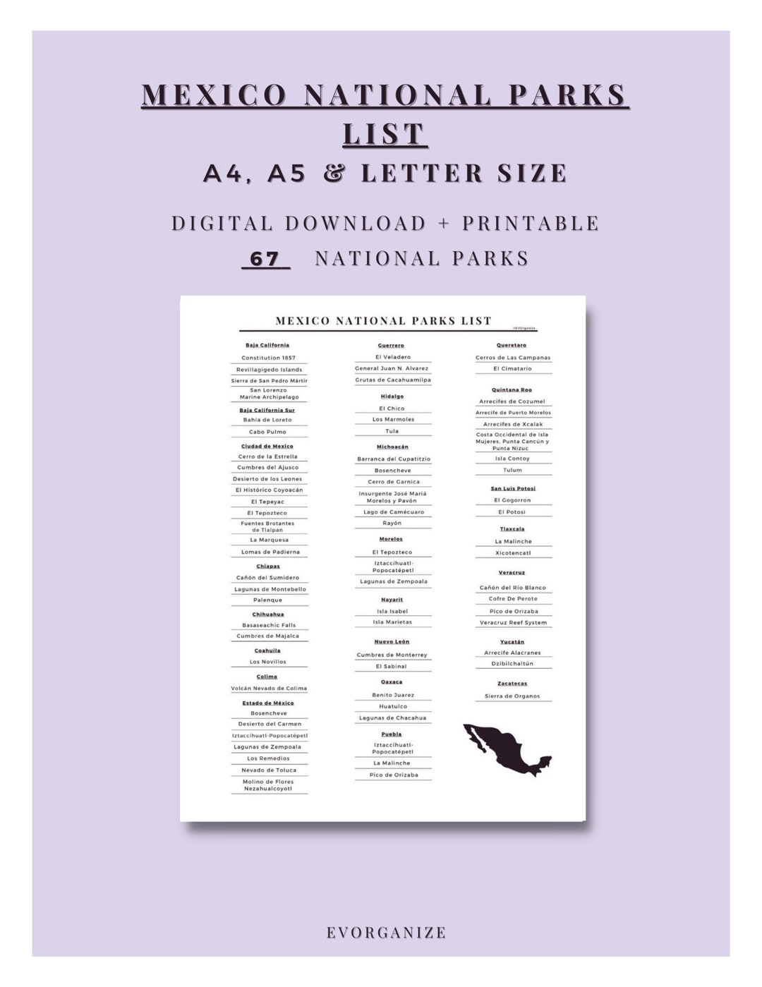 Mexico National Parks List. Digital Download + Printable. A4, A5 ...
