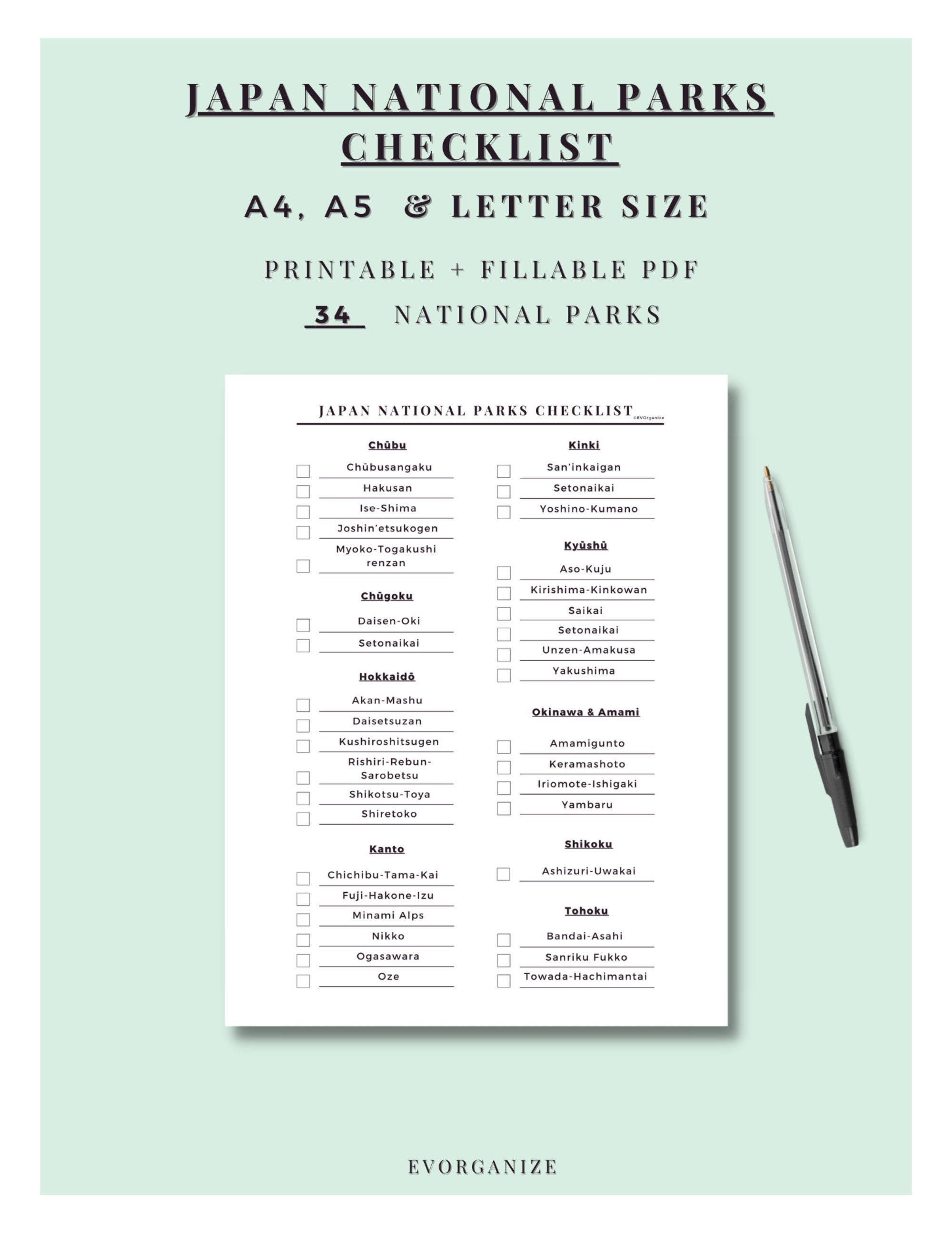 Japan National Parks Checklist. Printable + Fillable PDF. A4, A5 ...