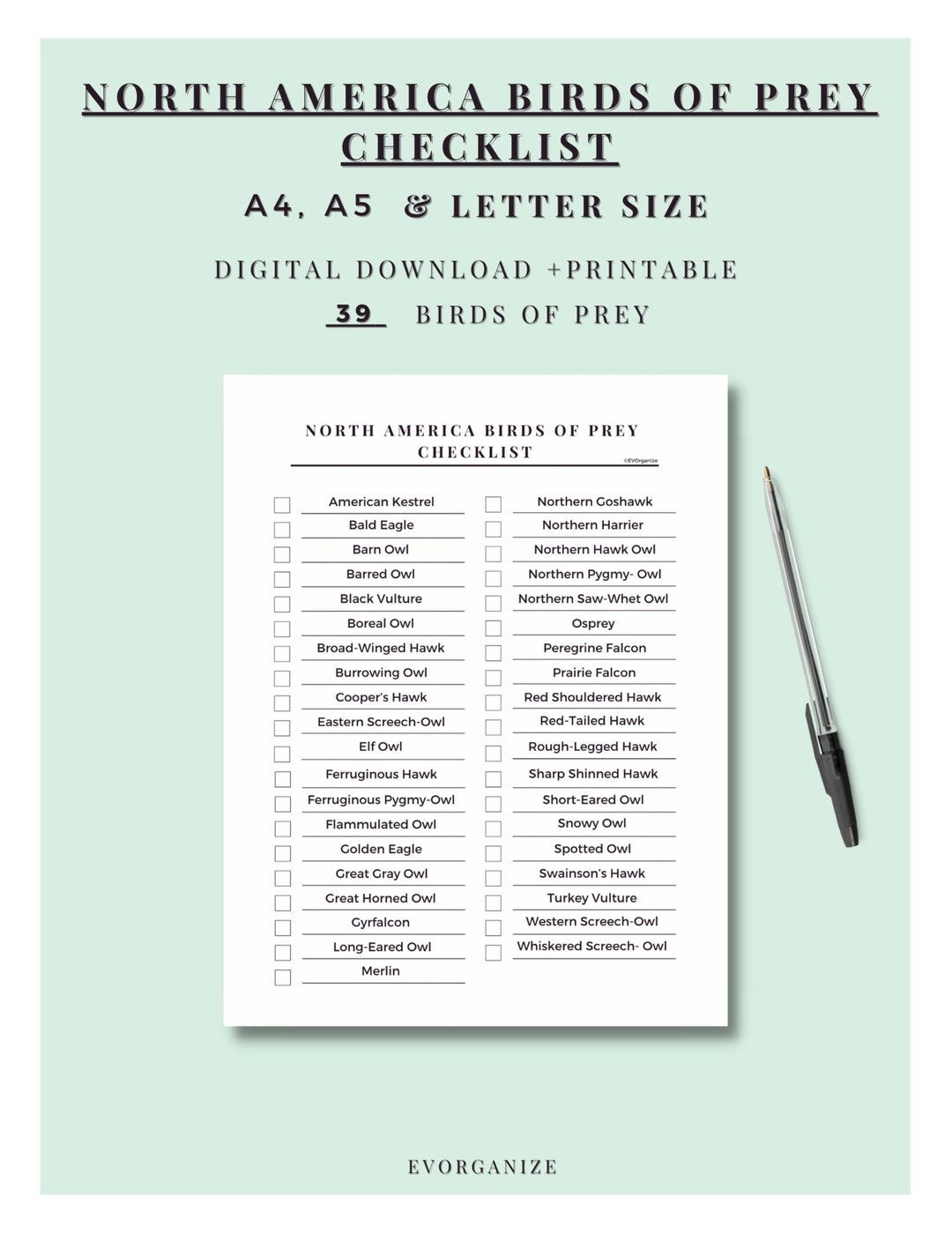 North America Birds of Prey Checklist. Digital Download + Printable. A4 ...