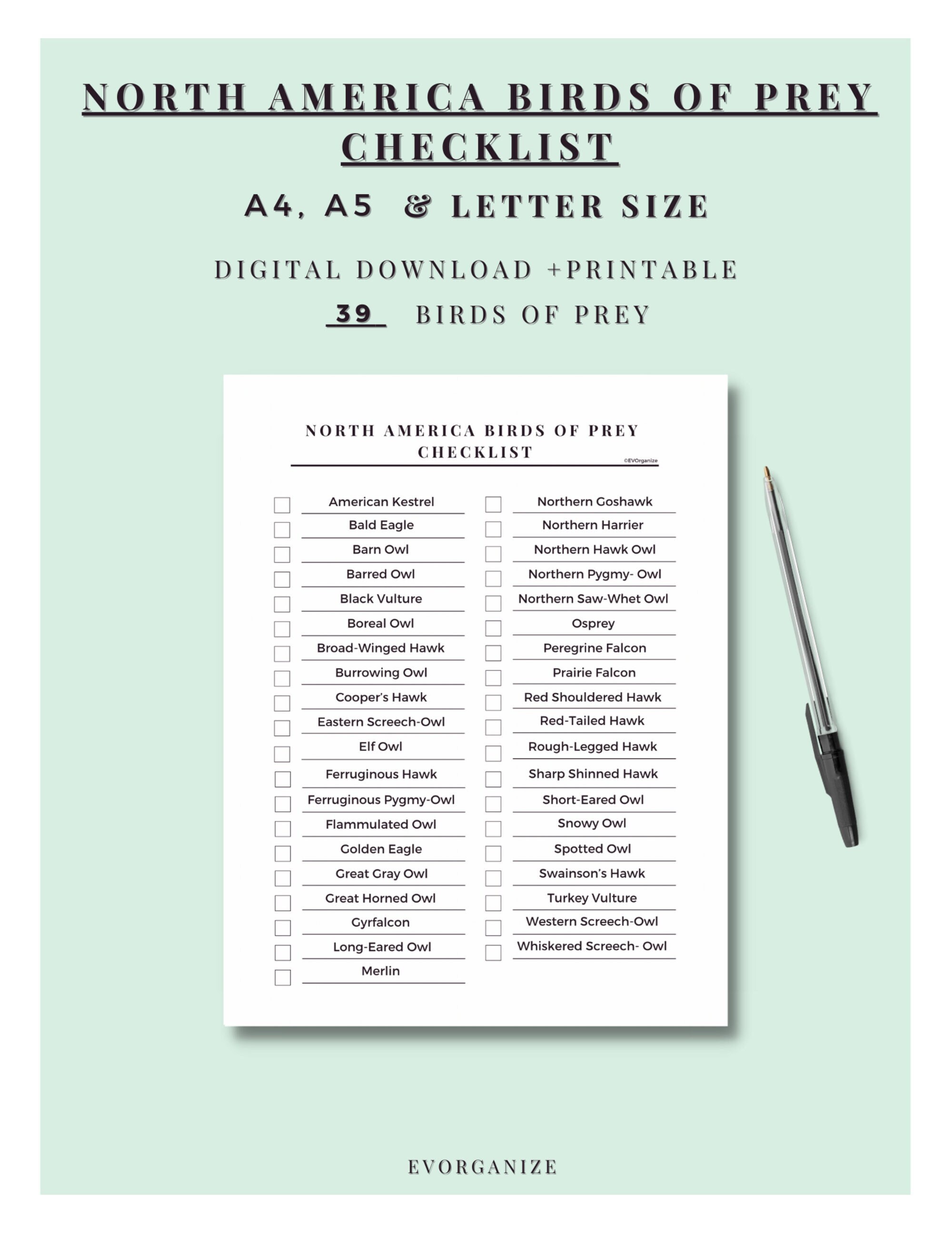 North America Birds of Prey Checklist. Digital Download + Printable. A4 ...