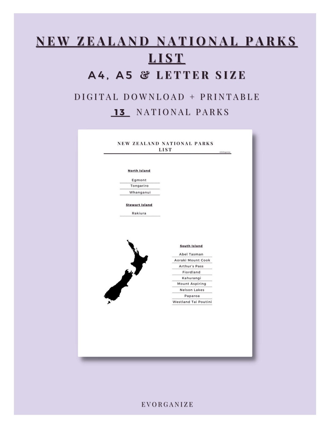 New Zealand National Parks List. Digital Download + Printable. A4, A5 ...