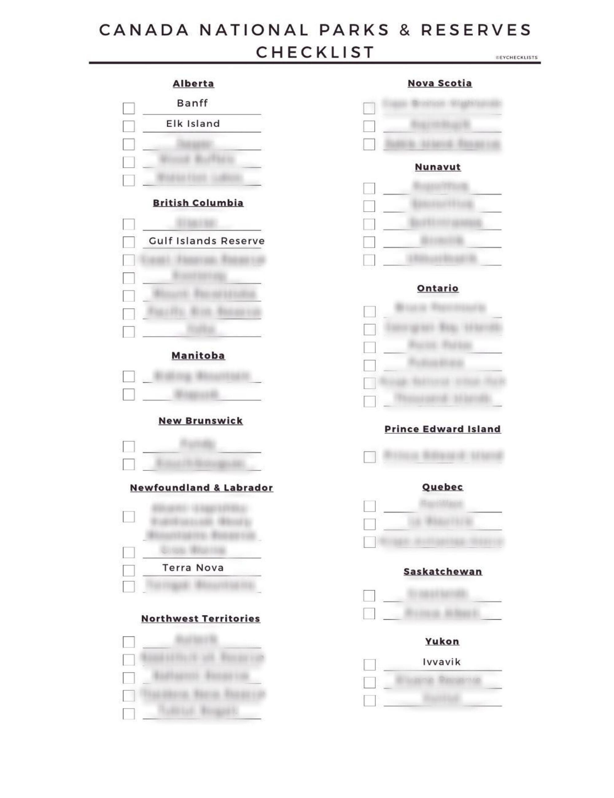 Canada National Parks & Reserves Checklist. - Etsy