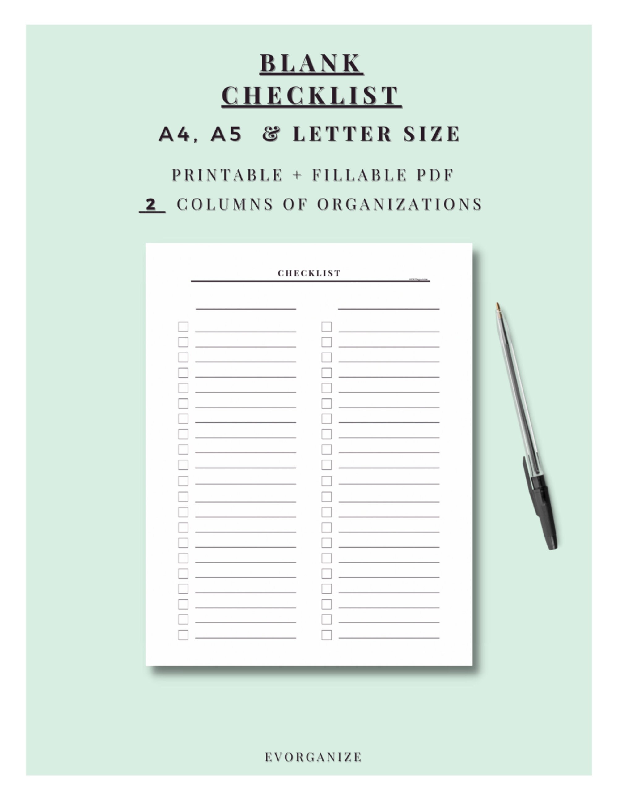 Two Column Blank Checklist. Printable + Fillable PDF. A4, A5 & Letter ...