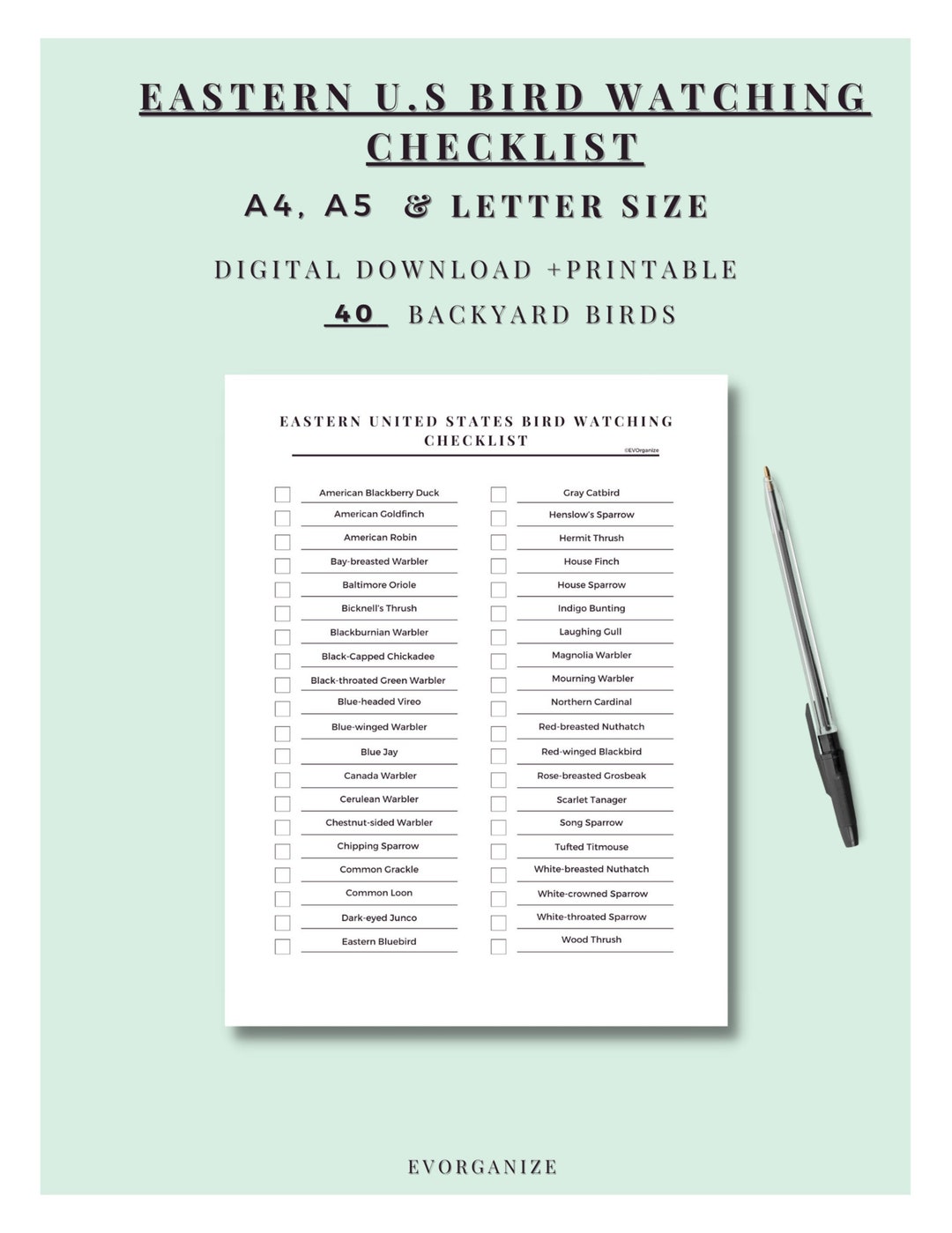 Eastern United States Birdwatching Checklist. Digital Download ...