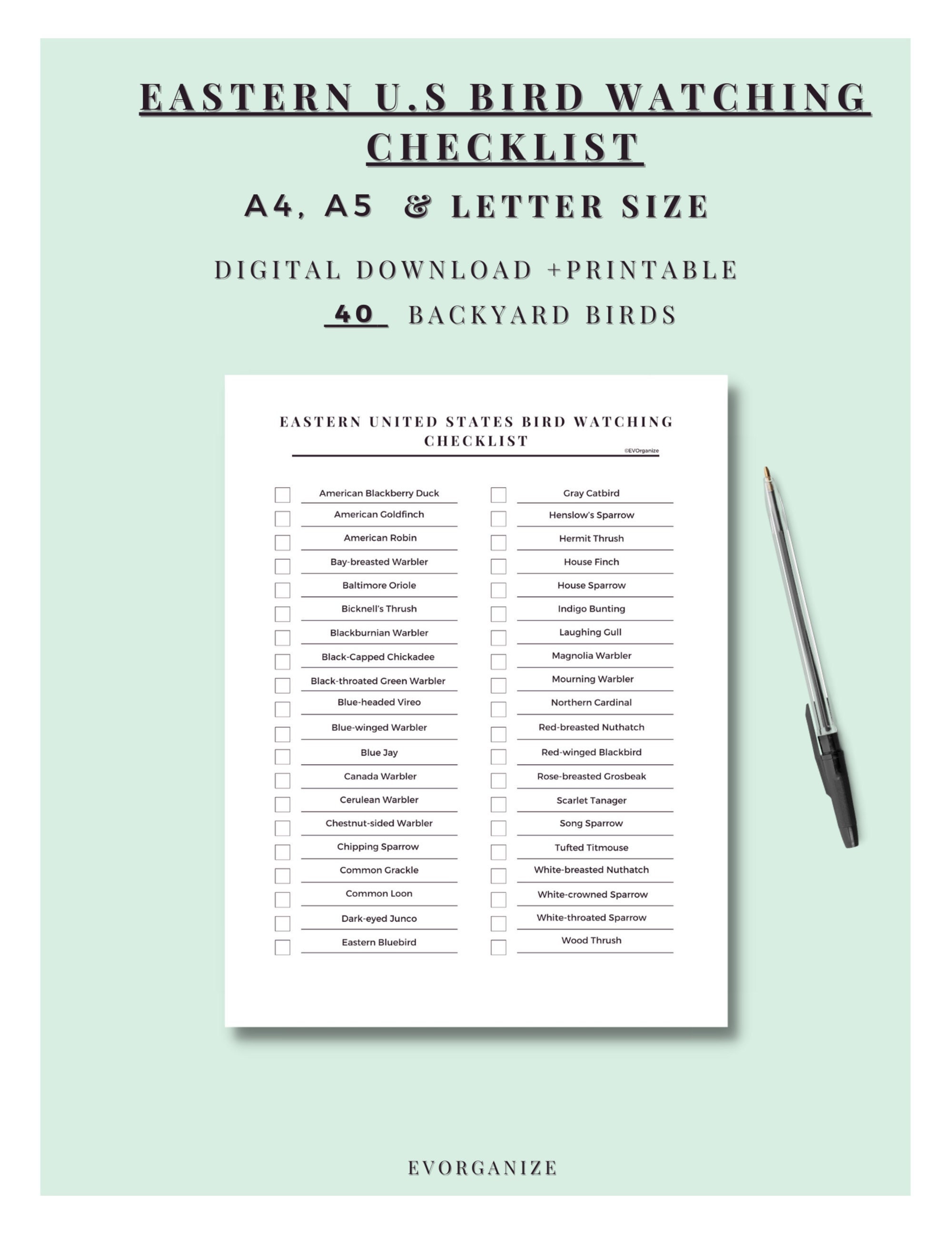 Eastern United States Birdwatching Checklist. Digital Download ...