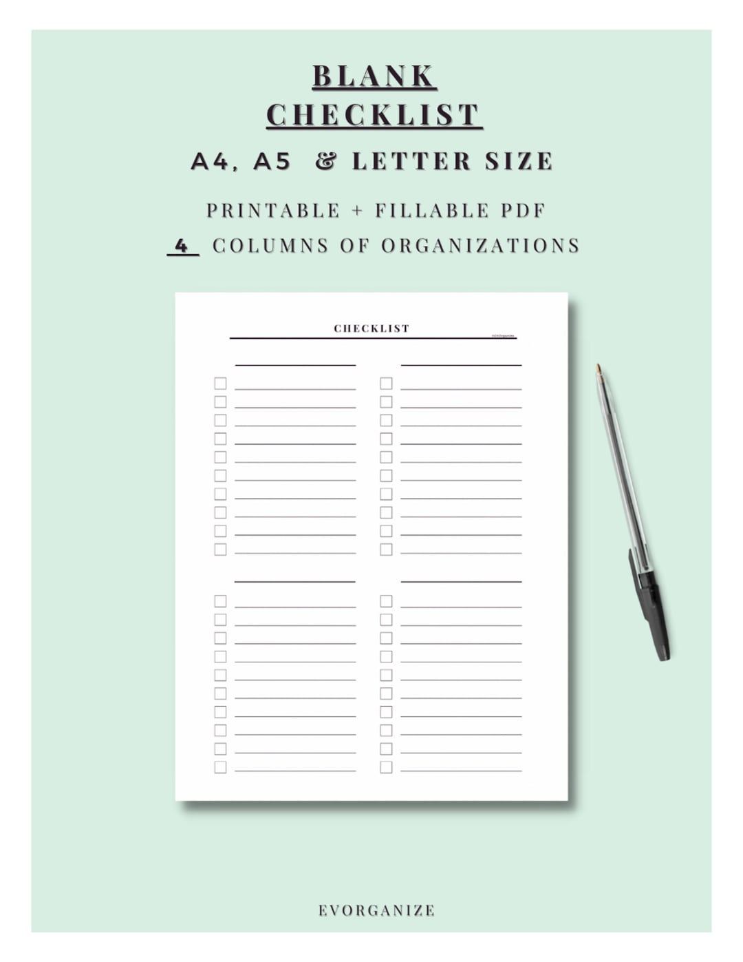 Four Column Blank Checklist. Printable + Fillable PDF. A4, A5 & Letter ...