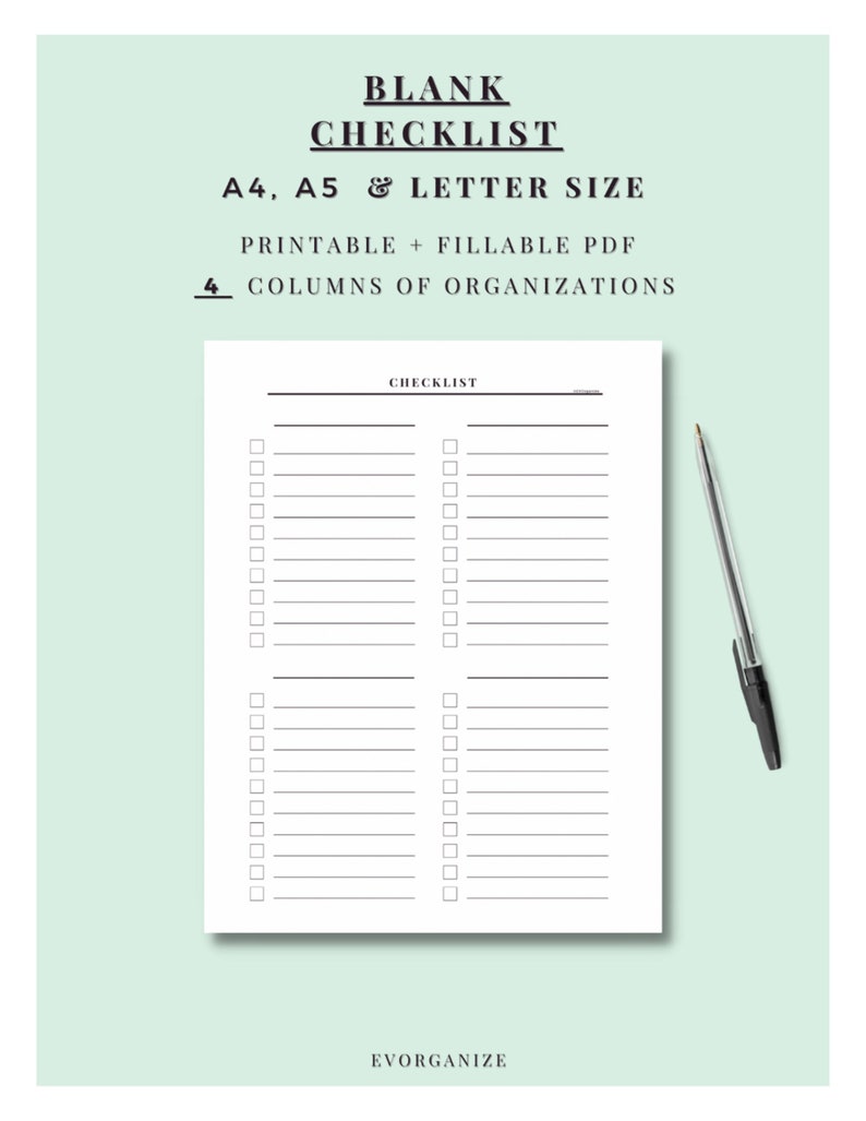 Four Column Blank Checklist. Printable + Fillable PDF. A4, A5 & Letter ...