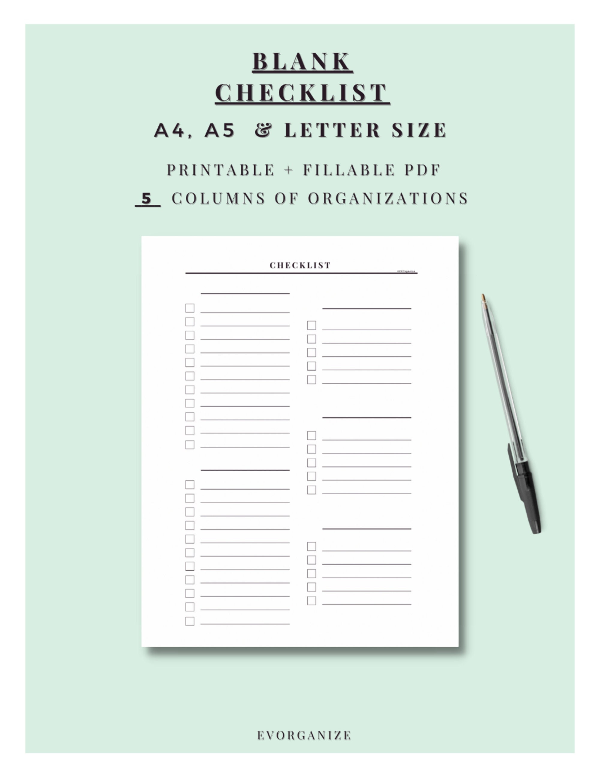 Five Column Blank Checklist. Printable + Fillable PDF. A4, A5 & Letter ...