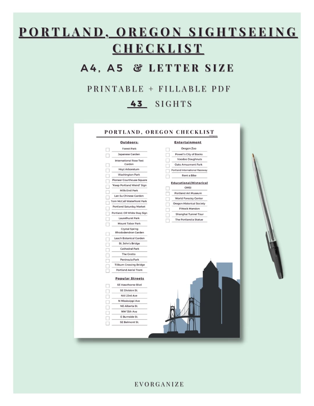 Portland, Oregon Sightseeing Checklist. Printable + Fillable PDF. A4 ...