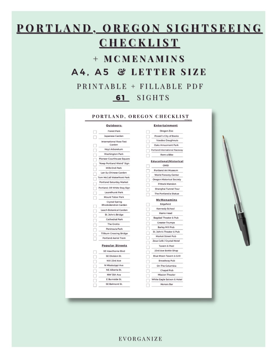Portland, Oregon Sightseeing Checklist + Mcmenamins. Printable ...