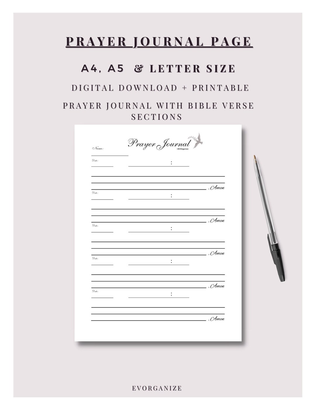 Prayer Journal Page. Digital Download + Printable. A4, A5 & Letter Size ...