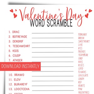 Valentines Day Word Scramble | Valentines Printable Games | Printable ...