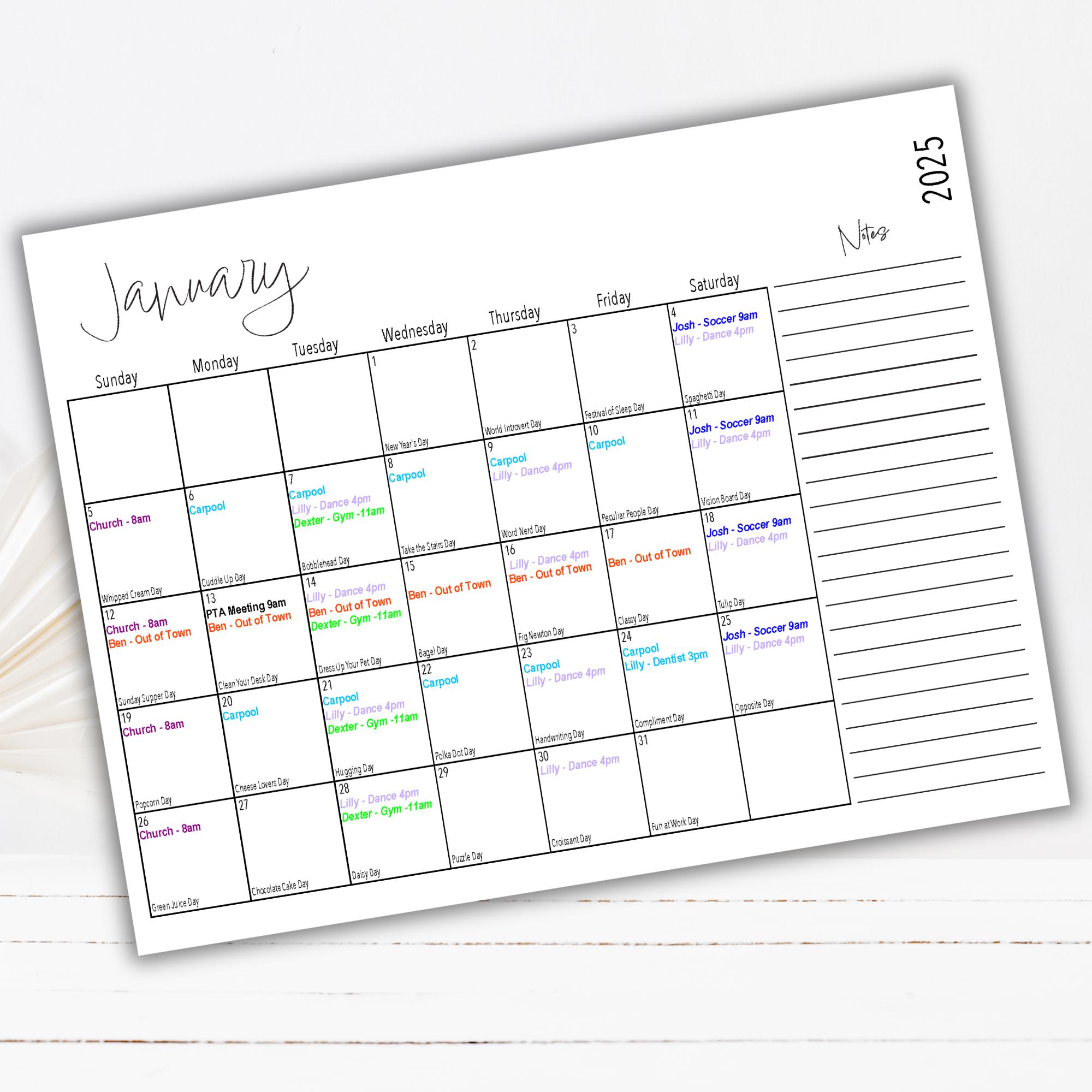 Printable Editable 2025 12-month Fillable Calendar With Fun National ...