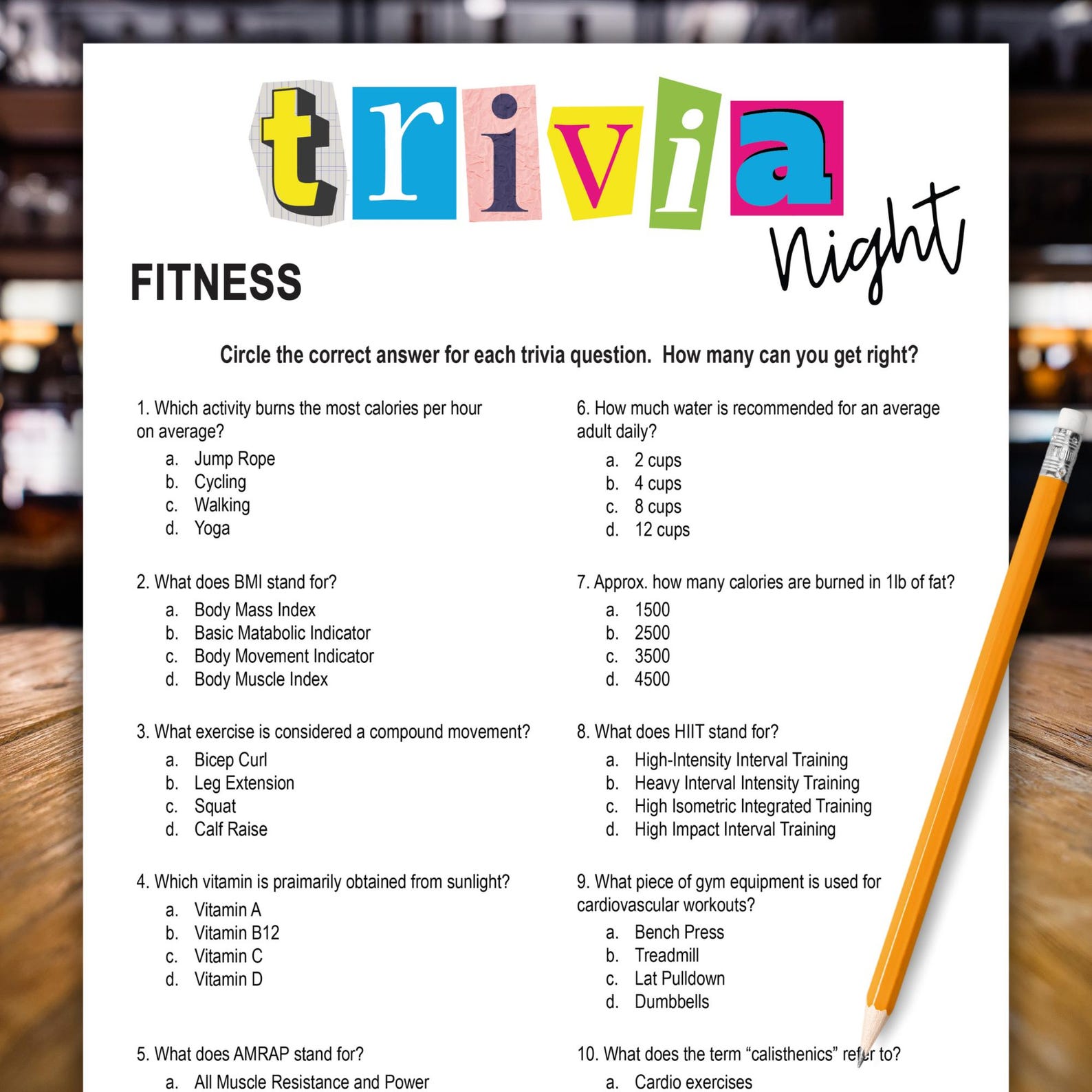 Printable Fitness Trivia Game | Pub Trivia Game Night | Team Building ...