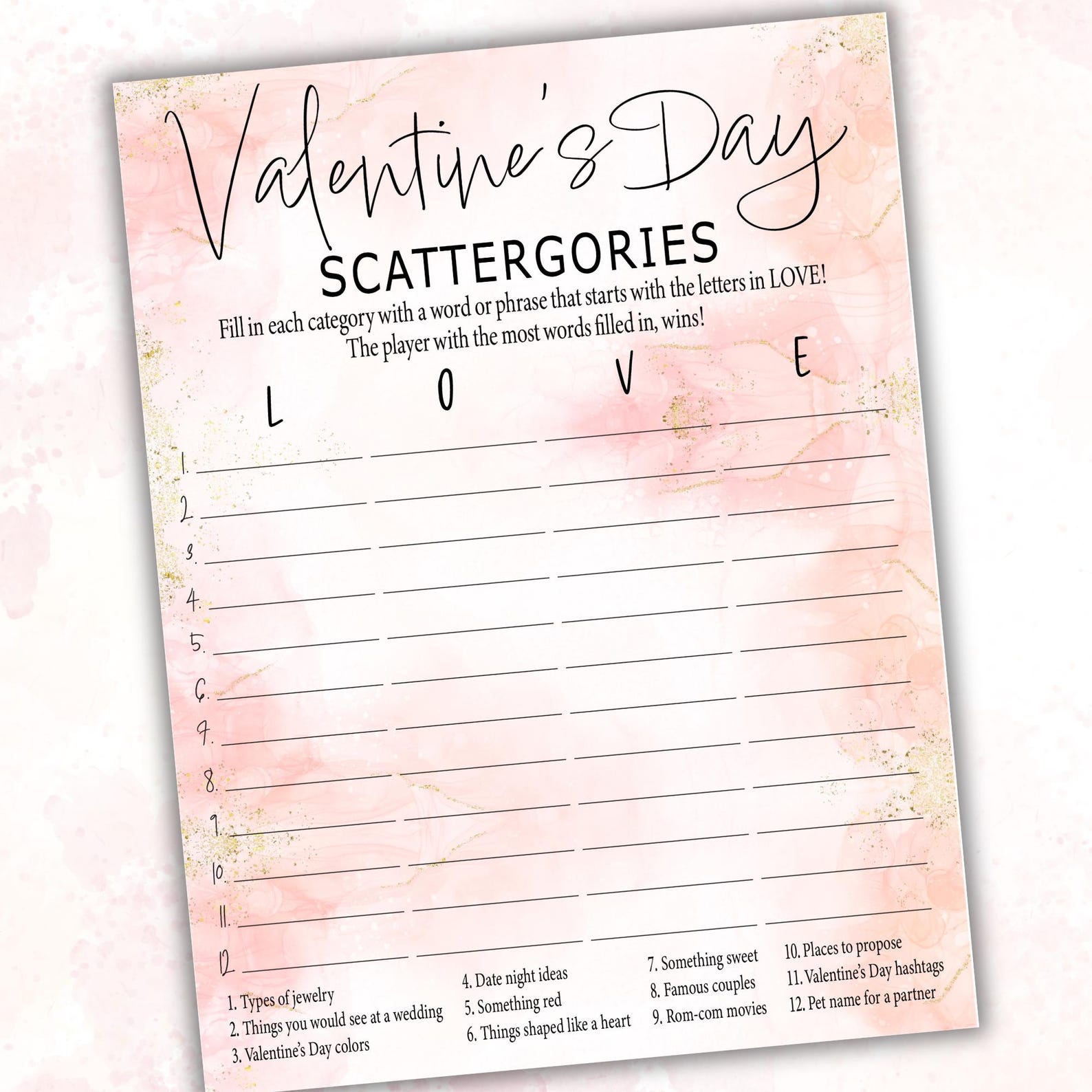Valentines Scattergories Game | Printable Valentines Party Word Game ...