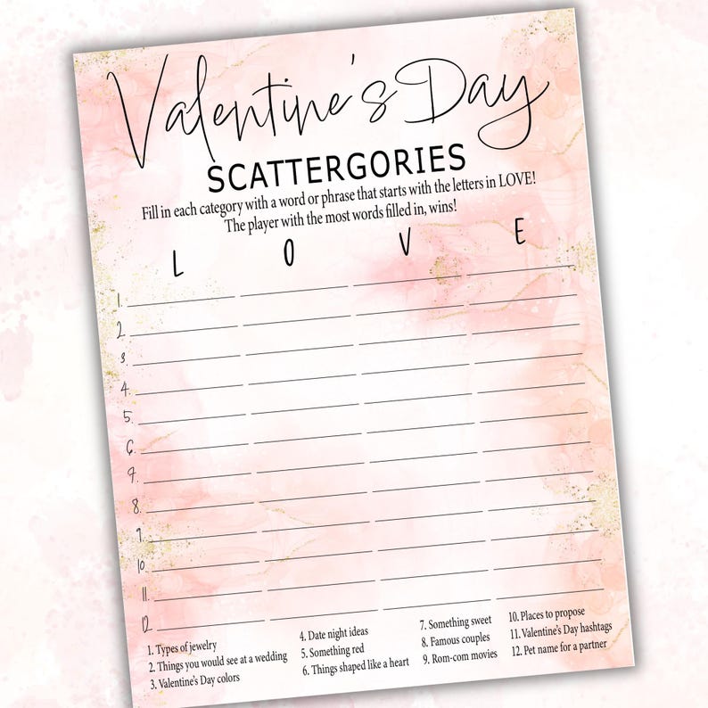 Valentines Scattergories Game | Printable Valentines Party Word Game ...